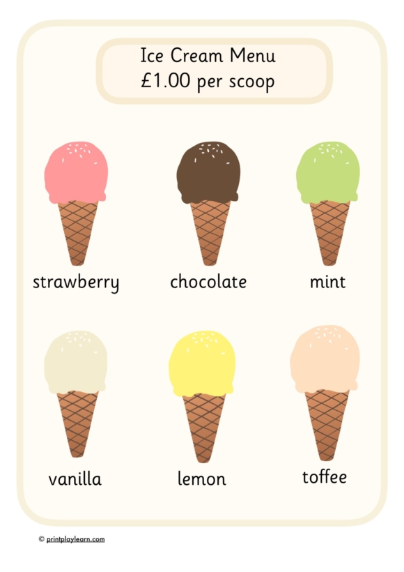 Ice cream flavour menu - Printable Teaching Resources - Print Play Learn