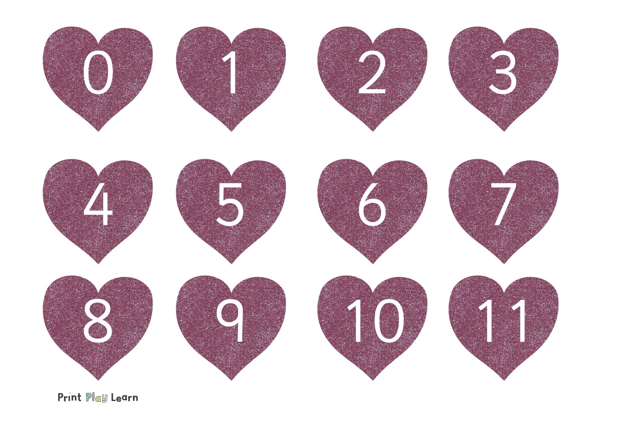 Glitter hearts 0-50 - Printable Teaching Resources - Print Play Learn