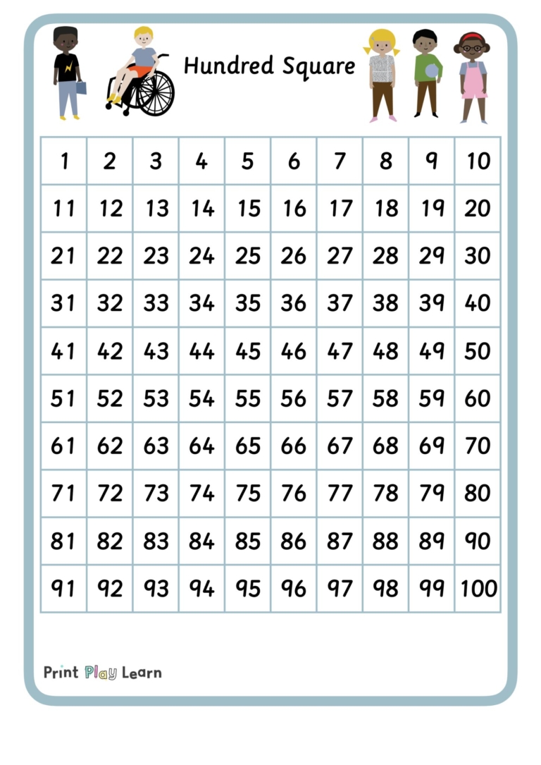 Hundred Square with fun children illustrations - Printable Teaching ...