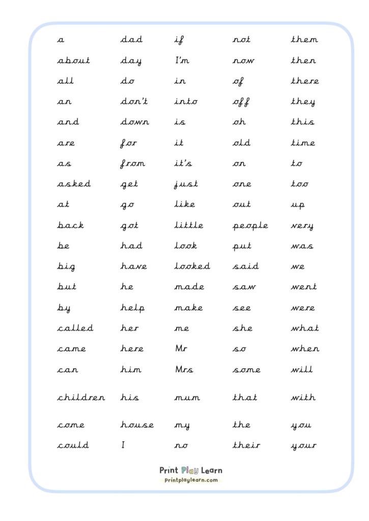 100 High Frequency Words Cursive Year 1 Or 2 Classroom Printable 100 High Frequency Words Cursive Year 1 Or 2 Classroom Printable