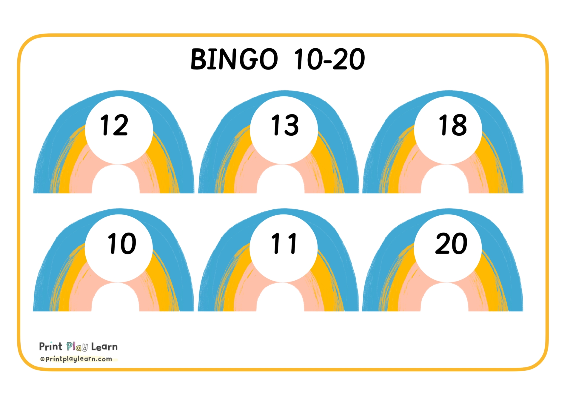 10-20 Bingo Cards Rainbow Design - Printable Teaching Resources - Print ...